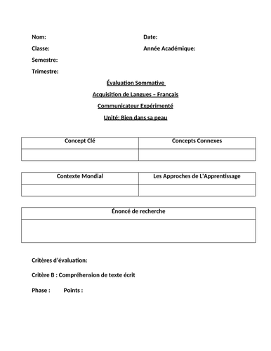 MYP French Summative Assessment - Compréhension Ecrite - Expérimenté ...