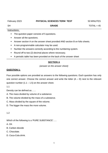 TEST PHYSICS MATTER AND KINETIC ENERGY | Teaching Resources
