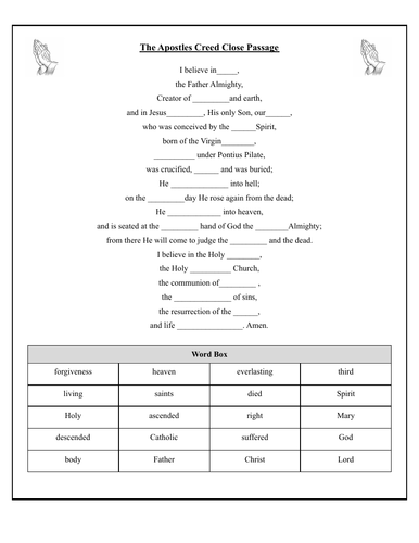 The Apostles Creed Cloze Passage/Fill in the Blank | Teaching Resources