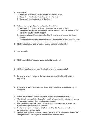 GCSE Coasts 75 mark quick quiz short answer test- great for revision ...