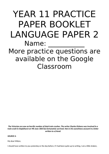 AQA Language Paper 2 Practice Paper Booklet | Teaching Resources