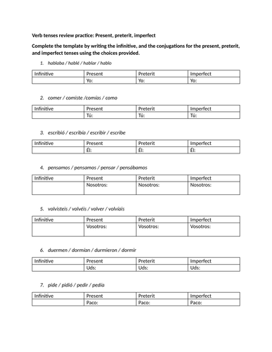 Verb tenses review practice: Present, preterit, imperfect tenses ...