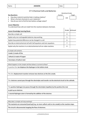 KS4 GCSE Chemistry AQA C7 5 Chemical cells and batteries Lesson Bundle ...