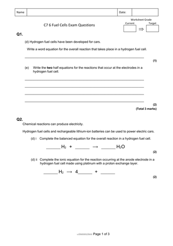 KS4 GCSE Chemistry AQA C7 6 Fuel cells Lesson Bundle | Teaching Resources