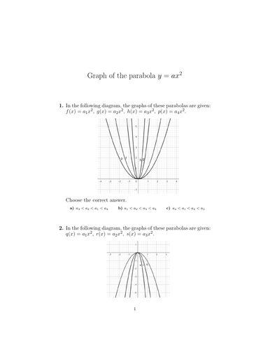 Graph of the Parabola y=ax^2 Worksheet no 3 (with solutions) | Teaching ...