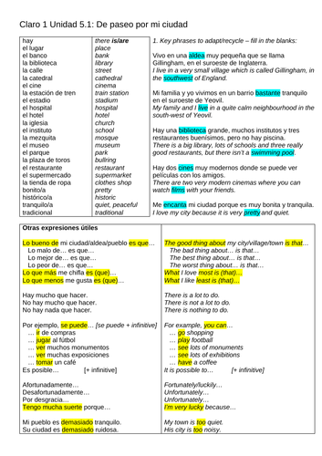 Claro 1 - Unit 5.1 - De paseo por mi ciudad - Worksheet/knowledge ...