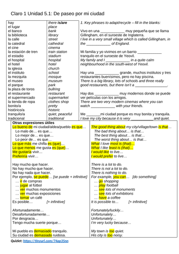 Claro 1 - Unit 5.1 - De paseo por mi ciudad - Worksheet/knowledge ...