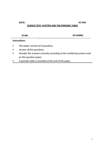 TEST MATTER AND THE PERIODIC TABLE | Teaching Resources