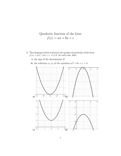 Quadratic Function of the Form f(x) = ax² + bx + c Worksheet (with ...