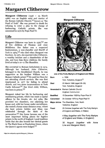 Margaret Clitherow (1556-1586 ) English saint and martyr | Teaching ...