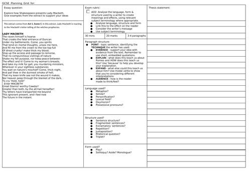 Edexcel Macbeth extract and whole text essay sheet. | Teaching Resources