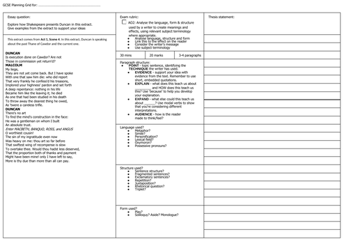 Edexcel Macbeth extract and whole text essay sheet. | Teaching Resources