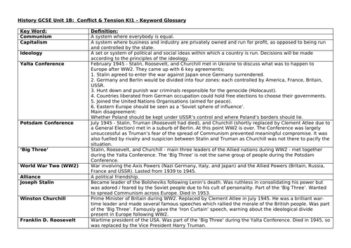 Cold War Origins Revision Summary KI1 AQA 1B FREE | Teaching Resources