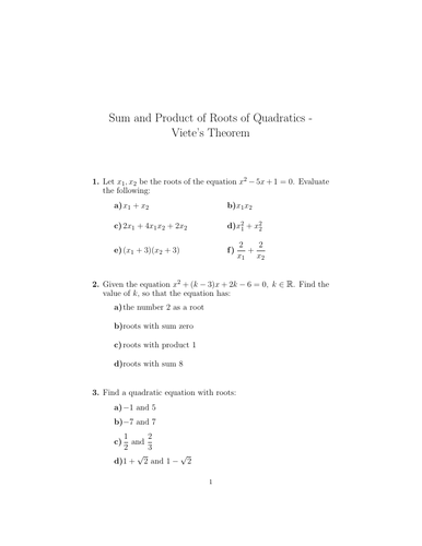 Sum and Product of Roots of Quadratics - Viete's Theorem Worksheet ...