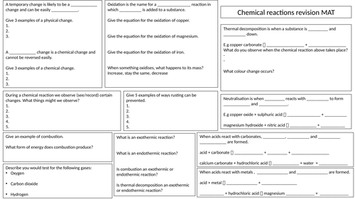 Chemical Reactions MAT with answers (4 pages in total) | Teaching Resources