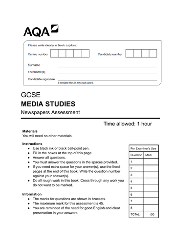 Newspaper Assessment AQA GCSE Media Studies 2024 | Teaching Resources