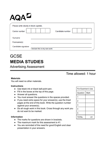 Advertising Assessment AQA GCSE Media Studies 2024 | Teaching Resources