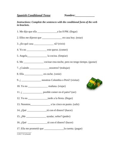 Spanish Conditional Tense Worksheet - El condicional (Regular ...