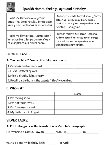 Spanish Beginner to Pre-intermediate Sentence Builder Unit 2 Birthdays ...