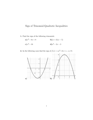 Sign Of Trinomial Quadratic Inequalities Worksheet No 2 With Solutions