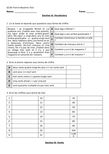 GCSE Baseline Test French | Teaching Resources