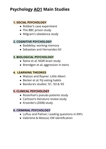 EDEXCEL A level Psychology AO1 Main studies | Teaching Resources