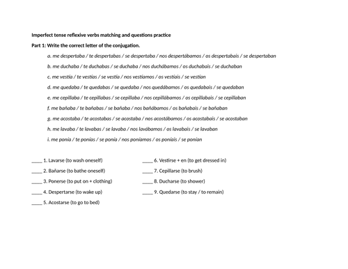 Imperfect tense reflexive verbs matching and questions practice ...