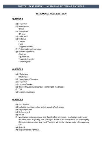 EDEXCEL GCSE Music - Unfamiliar Listening QUESTION 8 | Teaching Resources