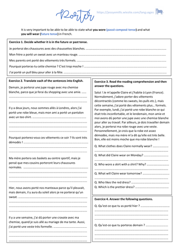 French Worksheet - Verb "Porter" | Teaching Resources