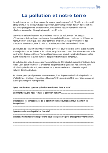 French Reading Comprehension - Environment | Teaching Resources