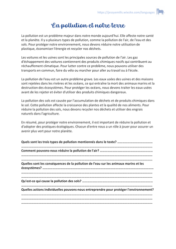 French Reading Comprehension - Environment | Teaching Resources