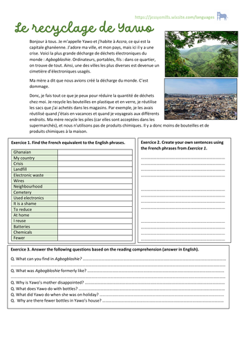 French Reading Comprehension - Environment | Teaching Resources