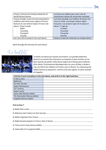 French Reading Comprehension - Dance | Teaching Resources