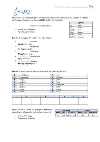 French Worksheet - Instruments and Jouer | Teaching Resources