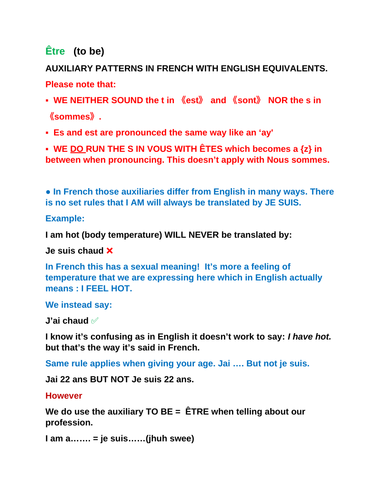 Rules and comparison when using auxiliary ÊTRE in French | Teaching ...