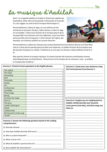 French Reading Comprehension - Music | Teaching Resources