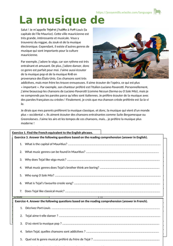 French Reading Comprehension - Music | Teaching Resources