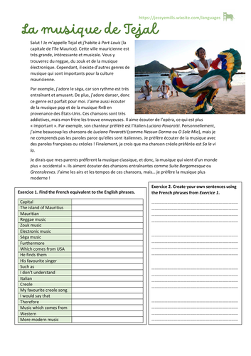 French Reading Comprehension - Music | Teaching Resources