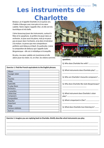 French Reading Comprehension - Instruments | Teaching Resources