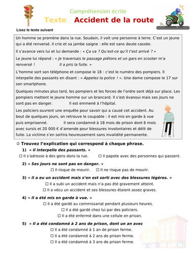 [French FFL FLE A2] Texte et questions : Accident de la route ...