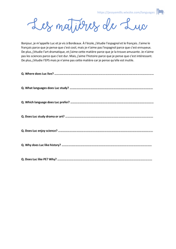 French Reading Comprehension - School Subjects | Teaching Resources