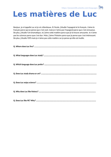 French Reading Comprehension - School Subjects | Teaching Resources