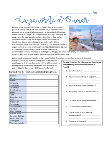 French Reading Comprehension - Poverty | Teaching Resources