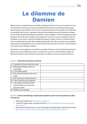 French Reading Comprehension - Technology | Teaching Resources