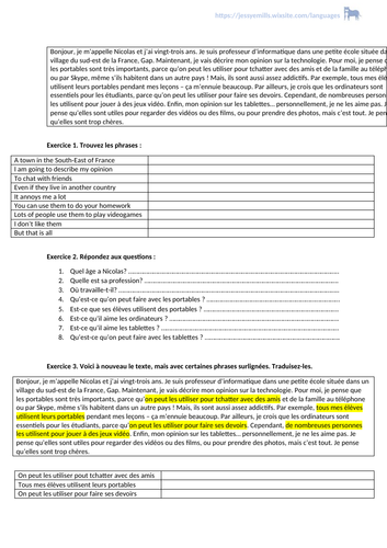 French Reading Comprehension - Technology | Teaching Resources