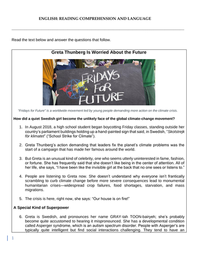 Reading Comprehension (Based on the article: Greta Thunberg is Worried ...