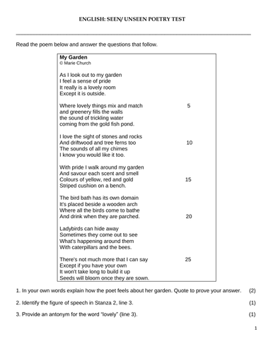 Poetry test (My Garden by Marie Church) | Teaching Resources