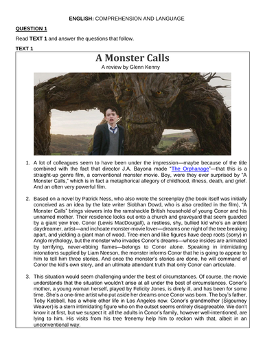Reading Comprehension (Based on the movie review: A Monster Calls by ...