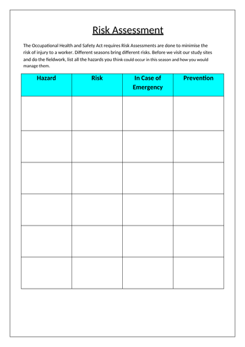 HSW Activity - Risk assessment and creating tables | Teaching Resources