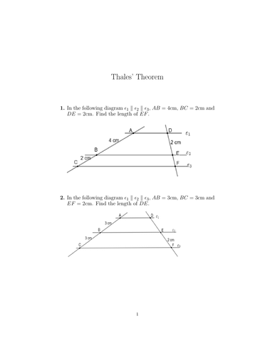 The Basic Proportionality Theorem (Thales’ Theorem) Worksheet (with solutions) | Teaching Resources